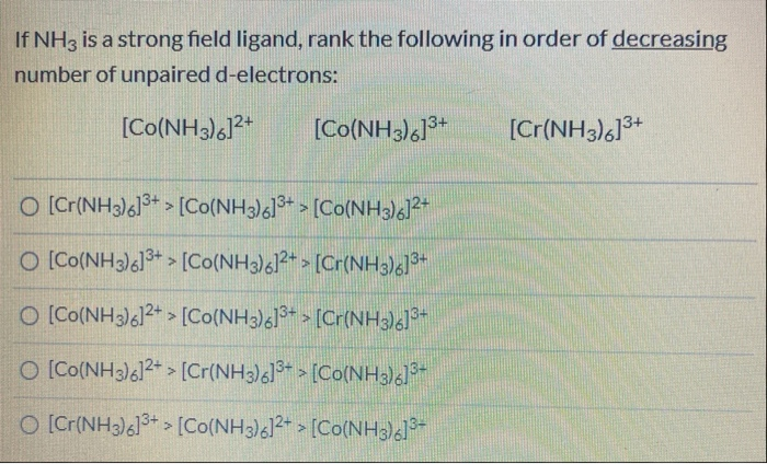Solved If NH3 is a strong field ligand, rank the following | Chegg.com