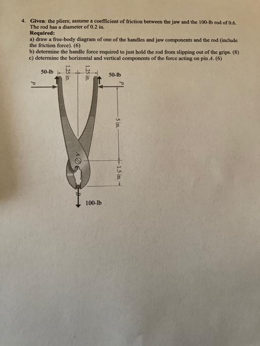 Solved 4. Given the pliers; assume a coefficient of friction | Chegg.com
