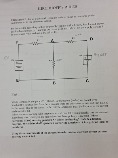 Solved KIRCHHOFF'S RULESPROCEDURE: Set up a table and record | Chegg.com