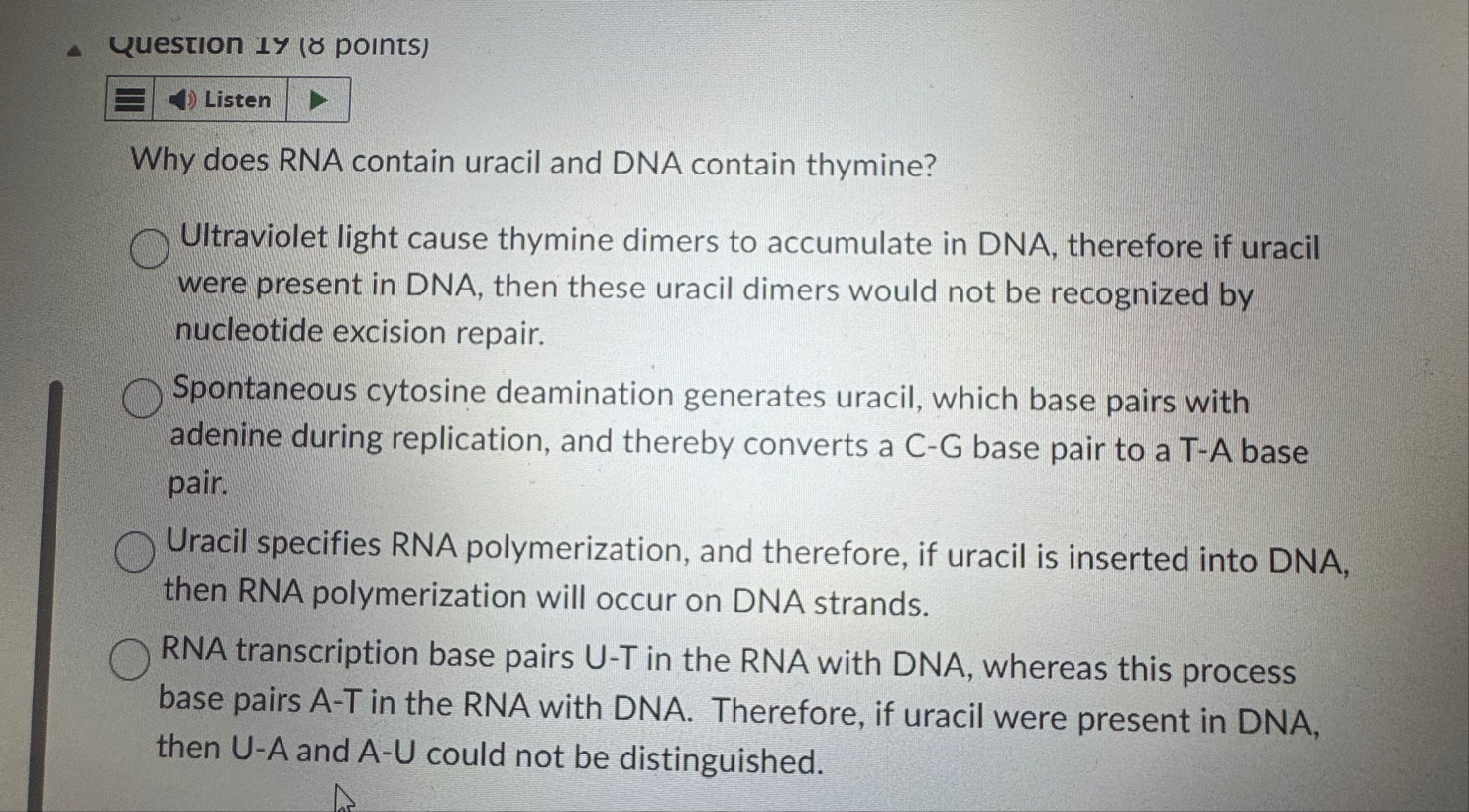 Solved Question 17 (% ﻿points)Why does RNA contain uracil | Chegg.com