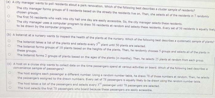 Solved (a) A city manager wants to poll residents about a | Chegg.com