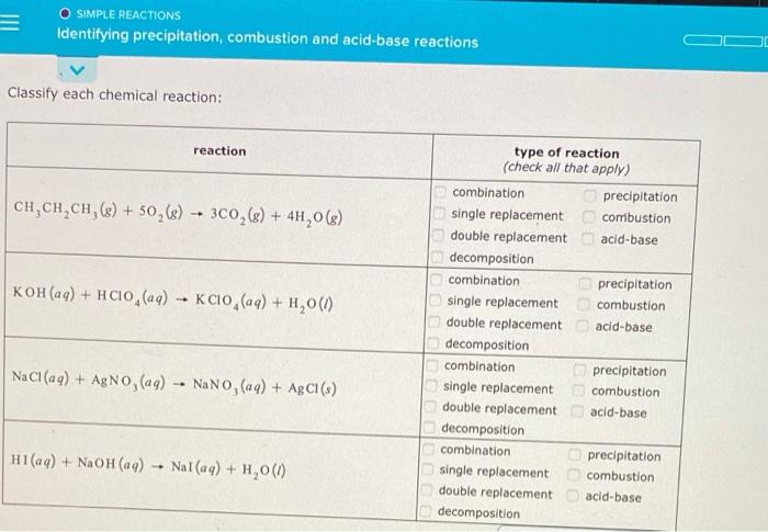 Solved O SIMPLE REACTIONS Identifying precipitation, | Chegg.com