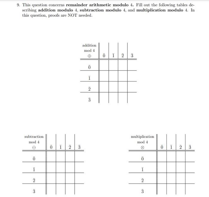Solved 9. This question concerns remainder arithmetic modulo | Chegg.com