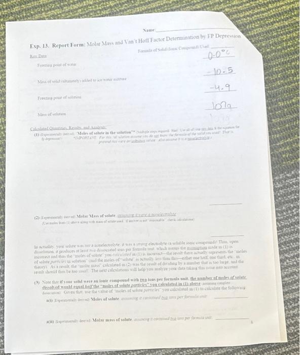 Exp. 13. Report Form. Molar Mass and Wan't Hoff | Chegg.com