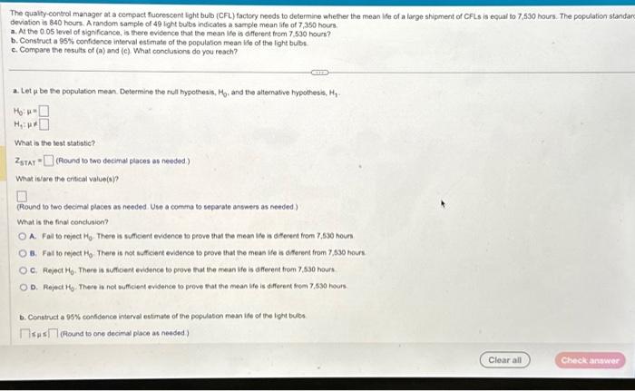 Solved The quality-control manager at a compact fuorescent | Chegg.com