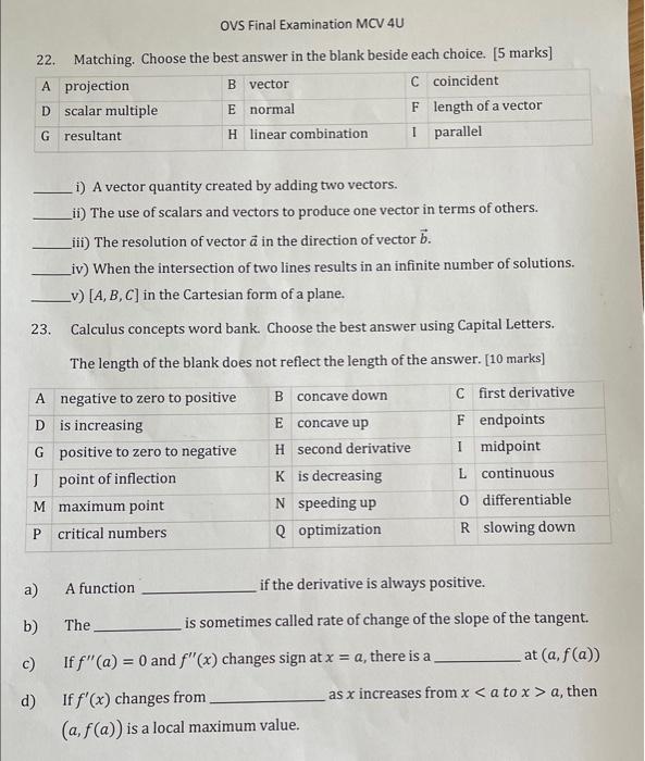 Solved OVS Final Examination MCV 4U 22. Matching. Choose the | Chegg.com