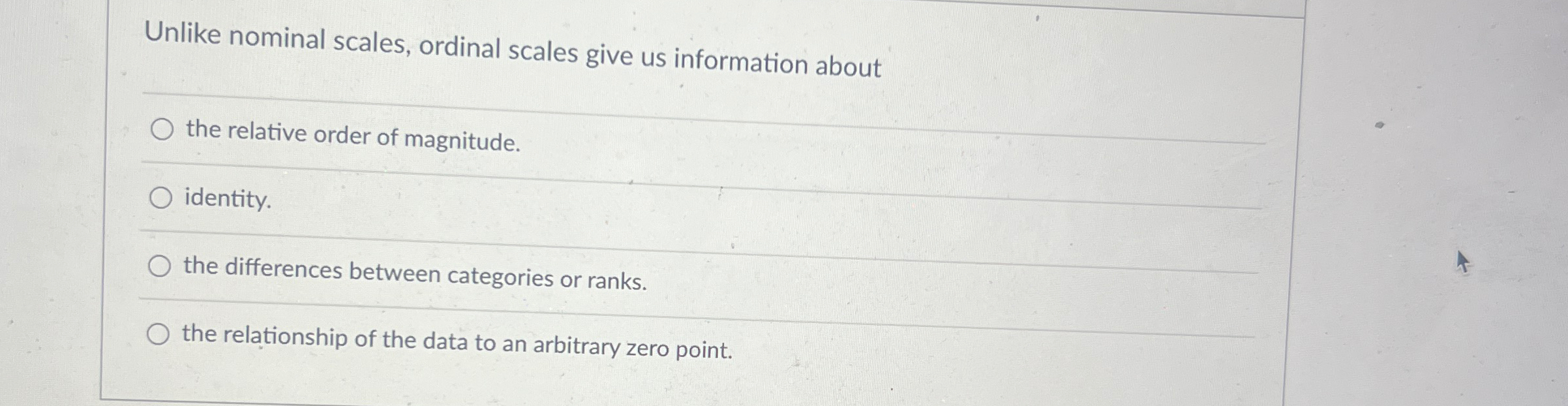 Solved Unlike nominal scales, ordinal scales give us | Chegg.com