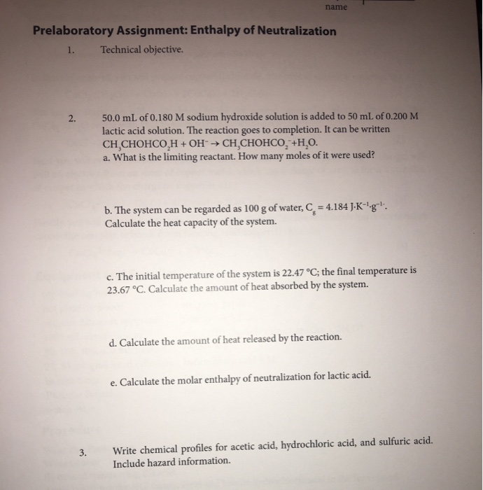 Solved name Prelaboratory Assignment: Enthalpy of | Chegg.com