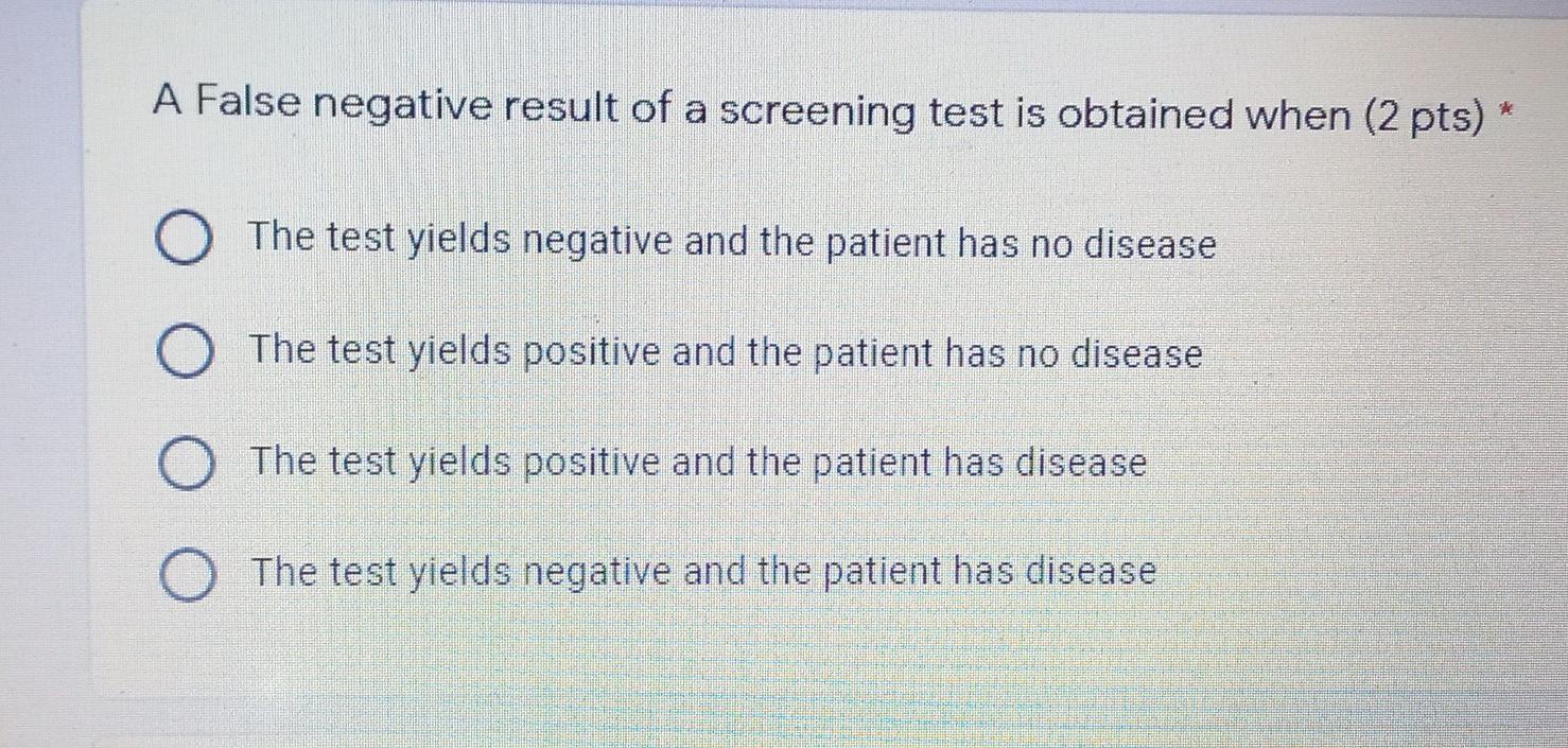 Solved A False negative result of a screening test is | Chegg.com