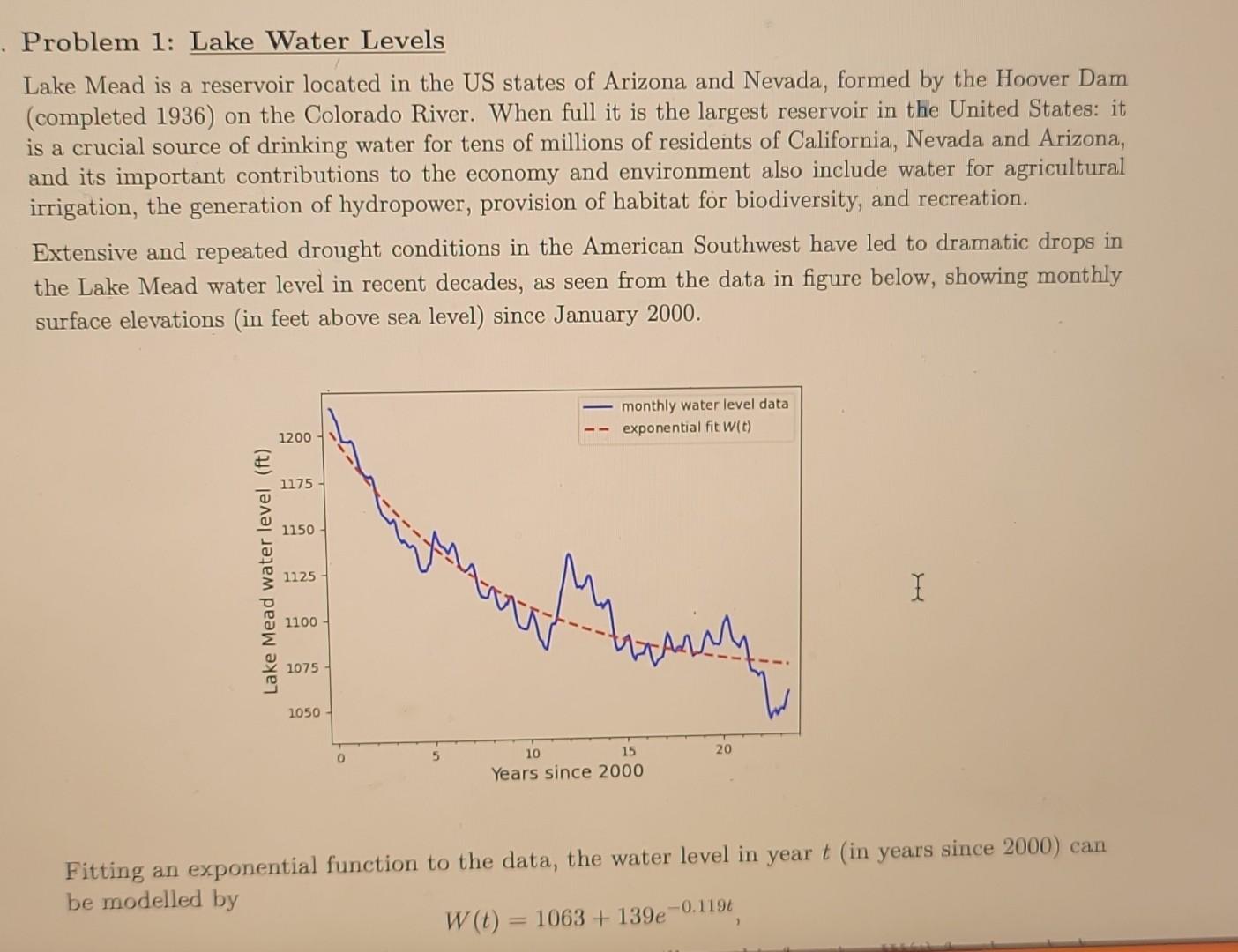 Solved Problem 1: Lake Water Levels Lake Mead is a reservoir | Chegg.com