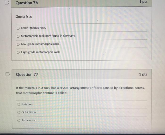 Solved D Question 76 1 pts Gneiss is a: Felsic igneous rock. | Chegg.com
