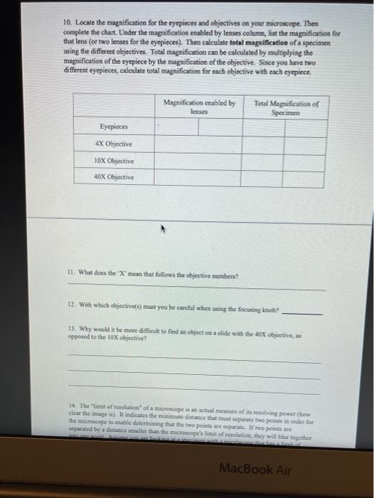 10. Locate the magnification for the eyepieces and | Chegg.com