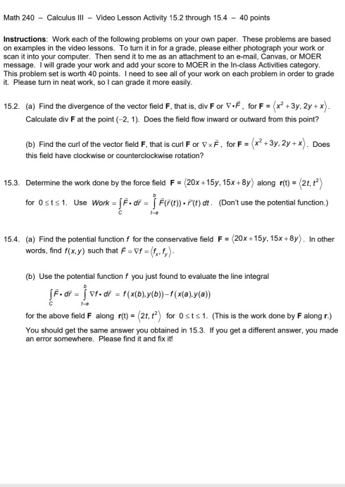 Solved Math 240 - Calculus III - Video Lesson Activity 15.2 | Chegg.com