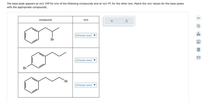 Solved The base peak appears at m/z169 for one of the | Chegg.com