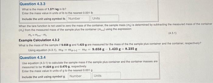 Solved When the tare function is not used to zero the mass | Chegg.com