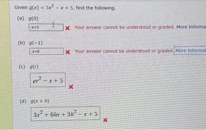 Solved Given g(x) (a) g(0) -X+5 = (b) g(-1) -X+8 (c) g(r) | Chegg.com