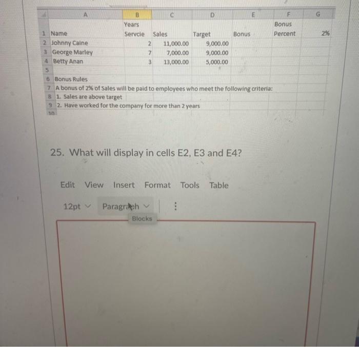 Solved 25. What will display in cells E2, E3 and E4? Edit | Chegg.com