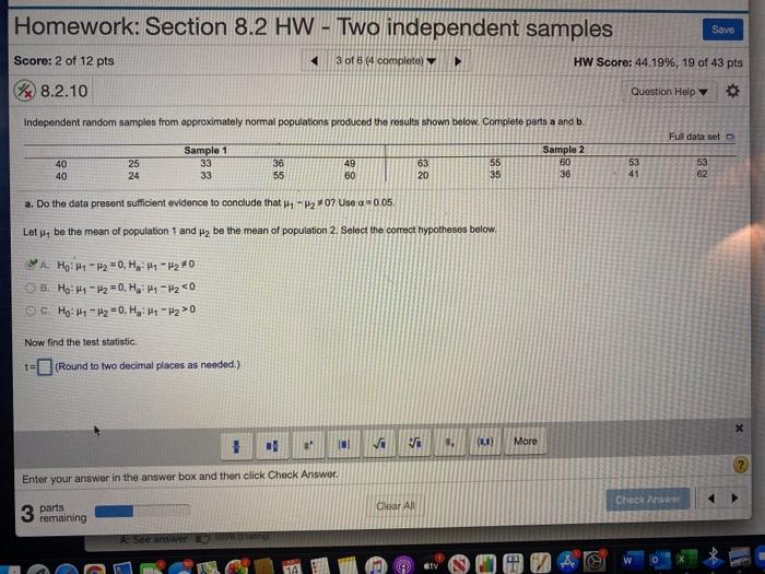 Solved Homework: Section 8.2 HW - Two independent samples | Chegg.com