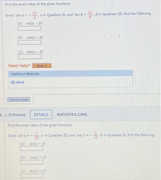 Solved Find the exact value of the given functions. Given | Chegg.com
