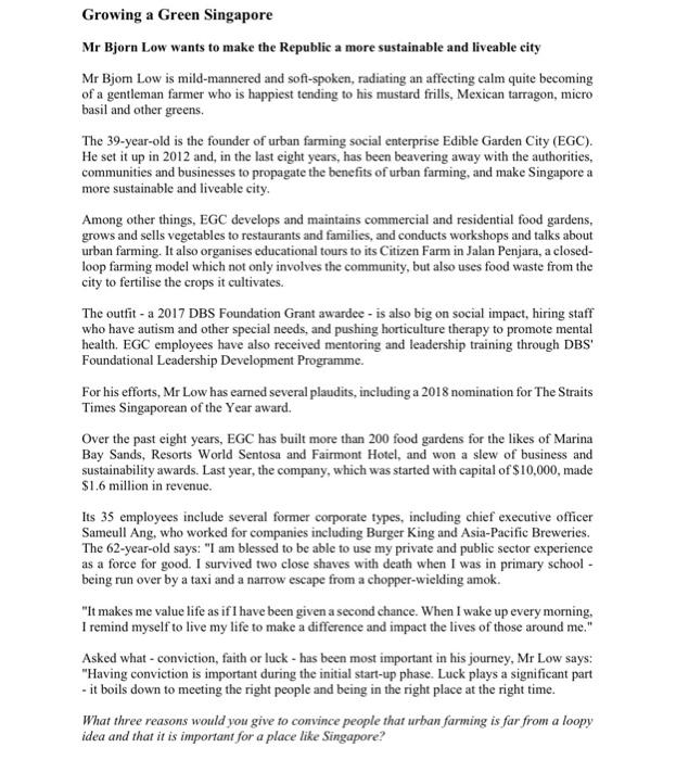 Solved Growing a Green Singapore Mr Bjorn Low wants to make | Chegg.com