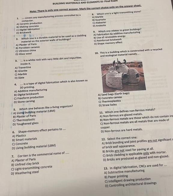 Solved 1. BUILDING MATERIALS AND ELEMENTS 111-Final Exam | Chegg.com