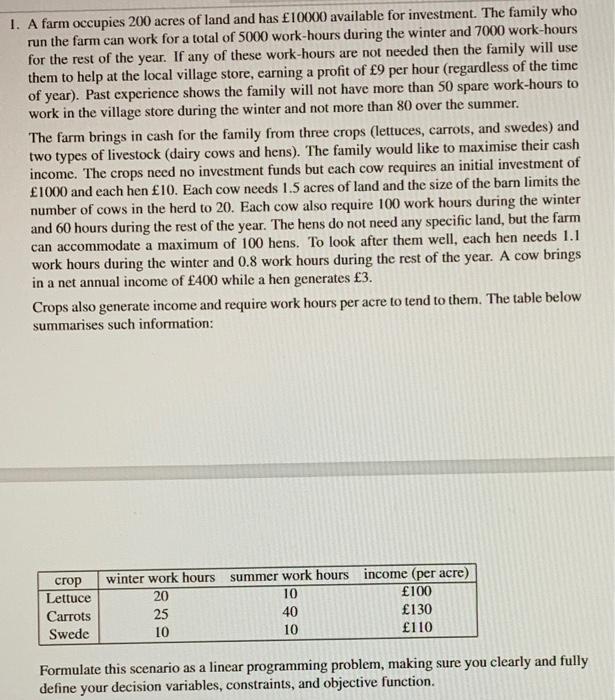 Solved 1. A farm occupies 200 acres of land and has £10000 | Chegg.com