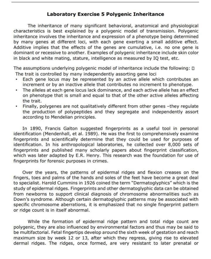 Laboratory Exercise 5 Polygenic Inheritance The | Chegg.com