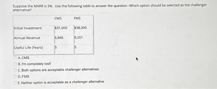Solved Suppose the MARR is 5%. Use the following table to | Chegg.com