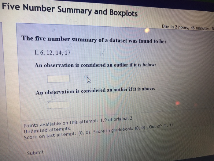 Solved Five Number Summary and Boxplots Due in 2 hours, 46 | Chegg.com