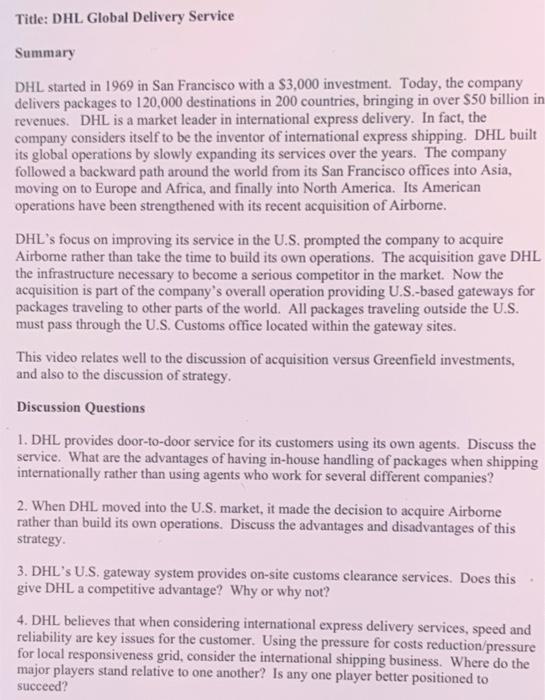 Solved Title: DHL Global Delivery Service Summary DHL | Chegg.com