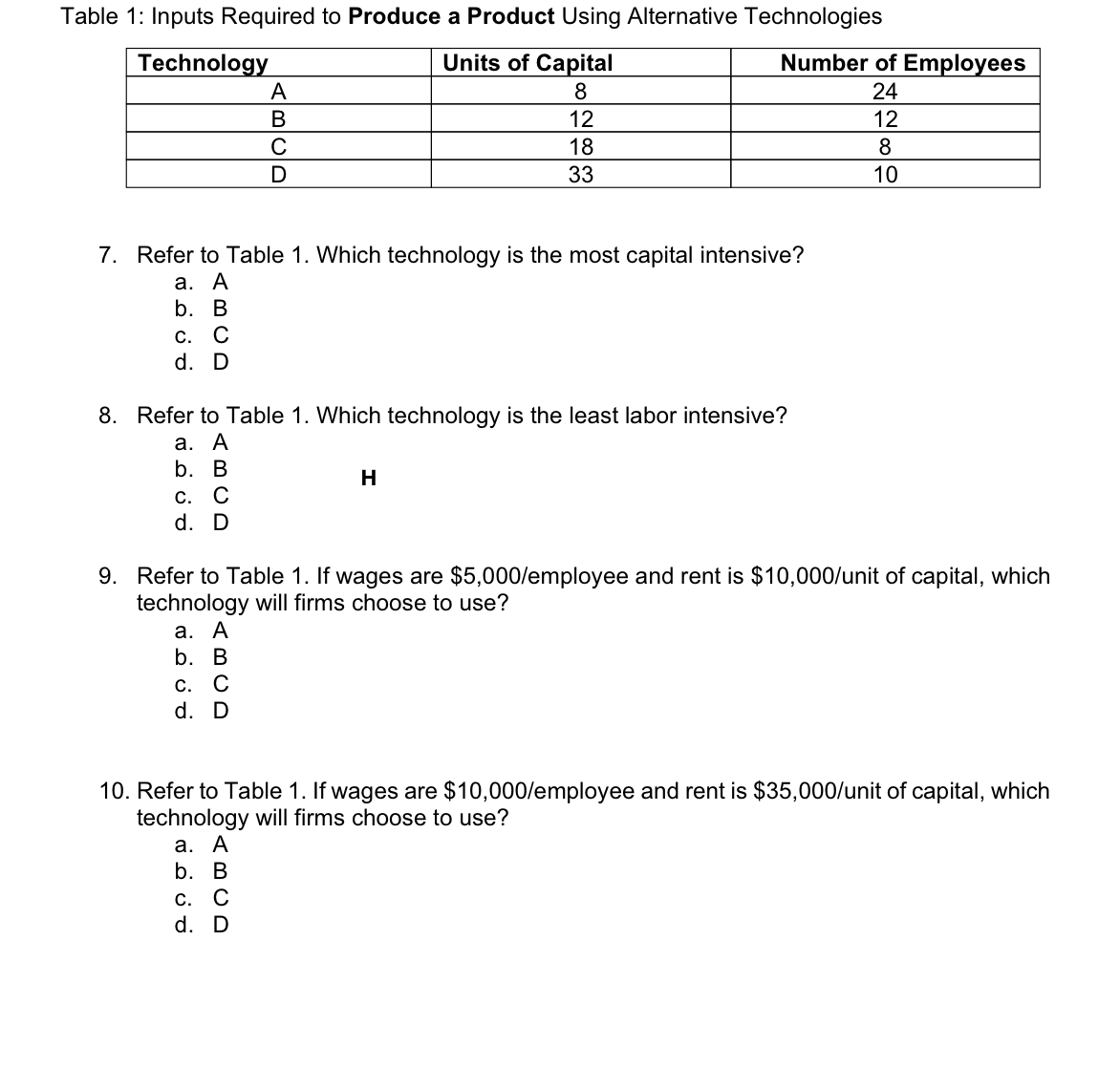 Solved Table 1: Inputs Required to Produce a Product Using | Chegg.com