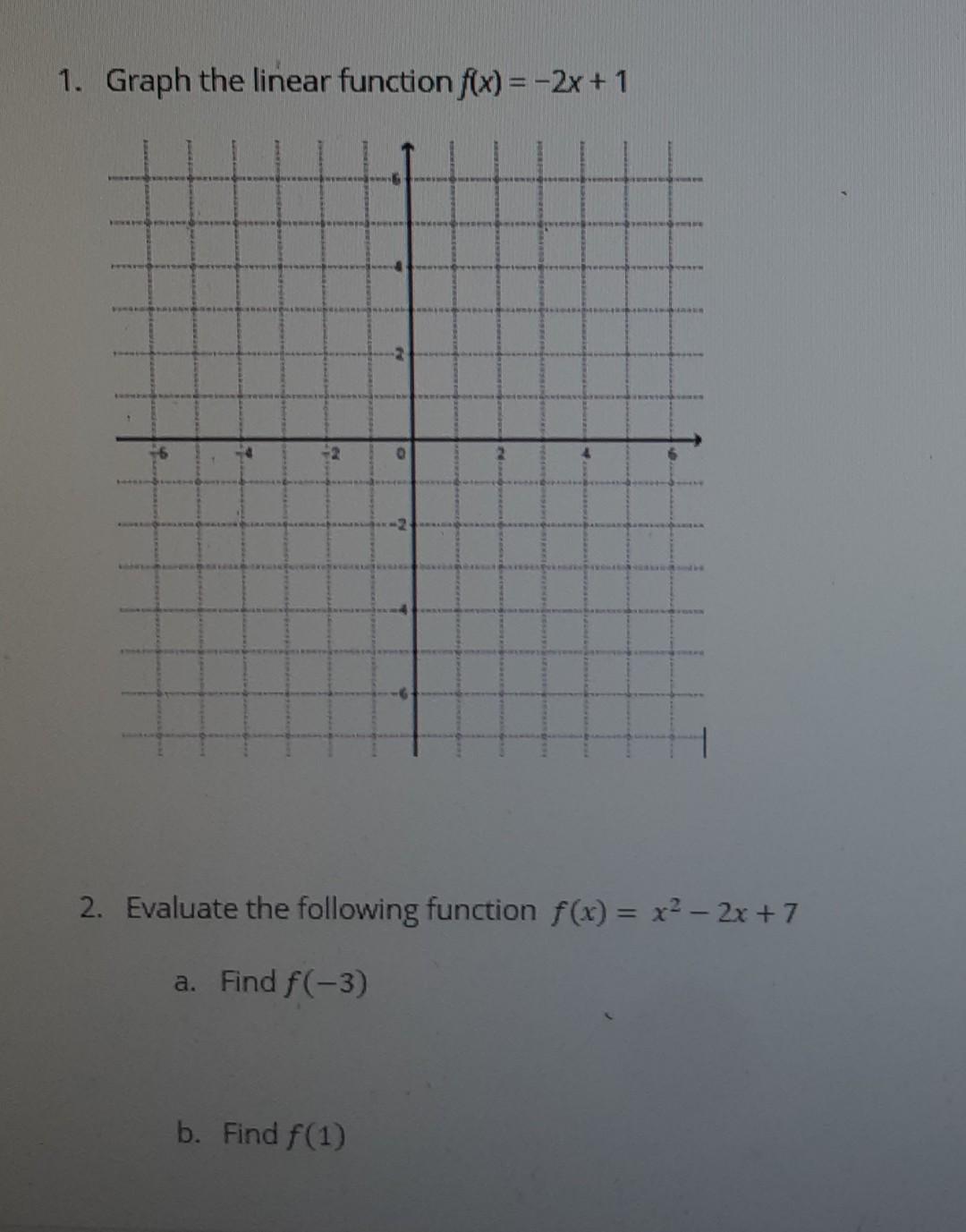 Solved 1. Graph the linear function f(x) = -2x + 1 2. | Chegg.com