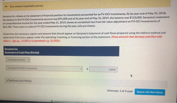 Solved Your answer is partially correct. Sarasota Inc. shows | Chegg.com