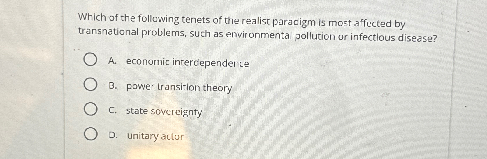 Solved Which of the following tenets of the realist paradigm | Chegg.com