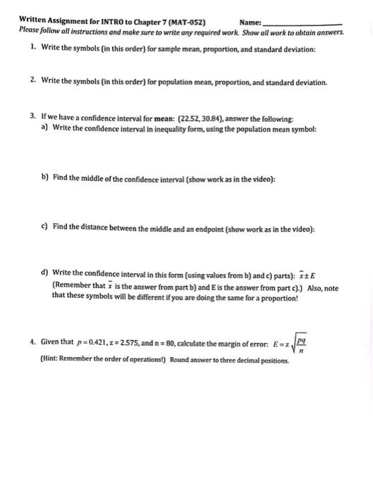 Solved Written Assignment for INTR0 to Chapter 7 (MAT-052) | Chegg.com