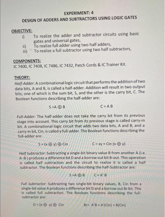 Solved OBJECTIVE: 1) To realize the adder and subtractor | Chegg.com