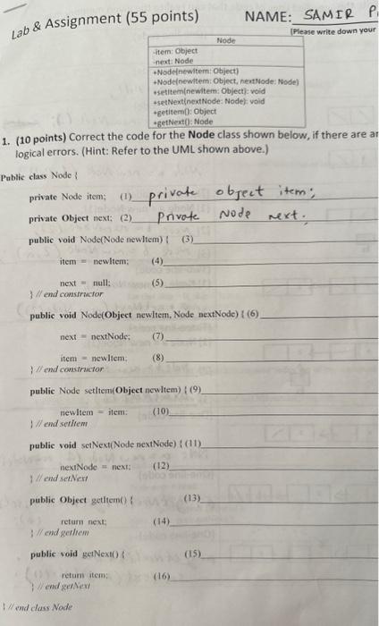 Solved 1 10 Points Correct The Code For The Node Class 