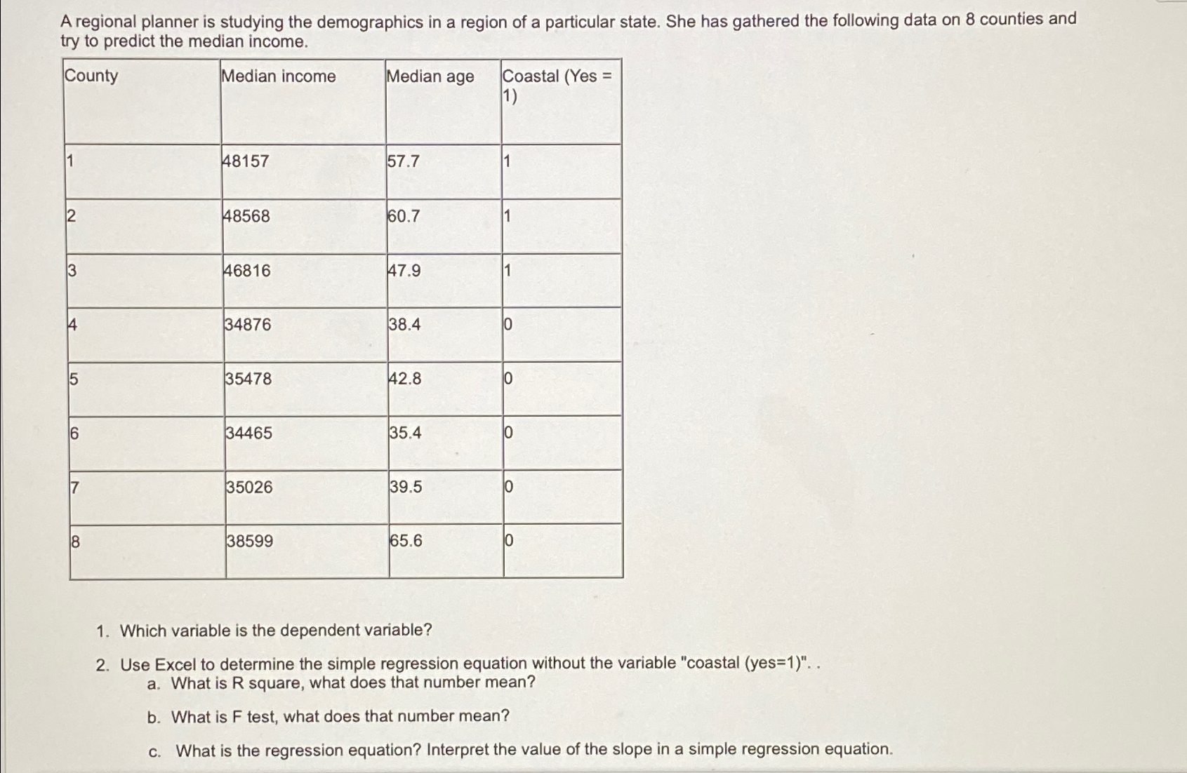 Solved A regional planner is studying the demographics in a | Chegg.com