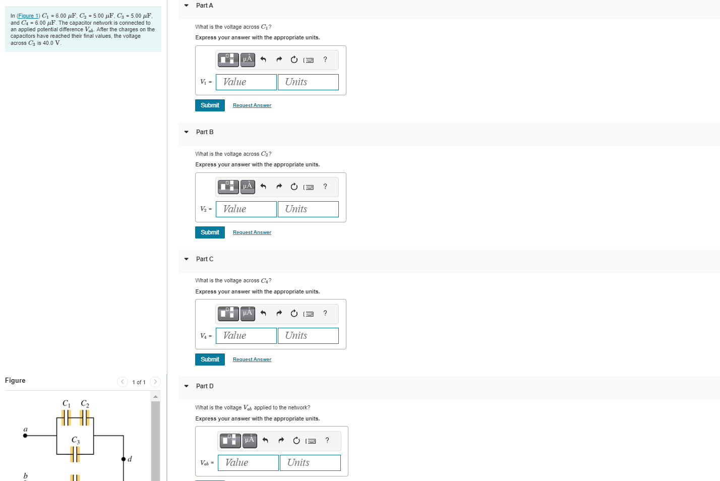 Solved In (Figure 1) C1=6.00μF,C2=5.00μF,C3=5.00μF,and | Chegg.com