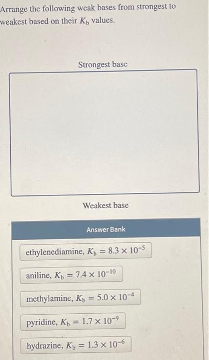 Solved Arrange the following weak bases from strongest to | Chegg.com