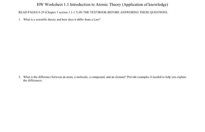 Solved HW Worksheet 1.1 Introduction to Atomic Theory | Chegg.com