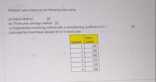 Solved Forecast sales based on the following data using (a) | Chegg.com