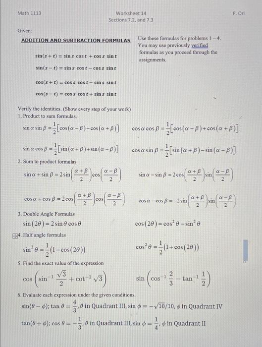 Solved Math 1113 Worksheet 14 Sections 7.2 , and 7.3 Given: | Chegg.com
