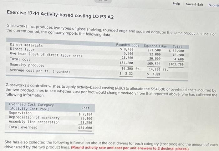 Solved Exercise 17-14 Activity-based costing LO P3 A2 | Chegg.com