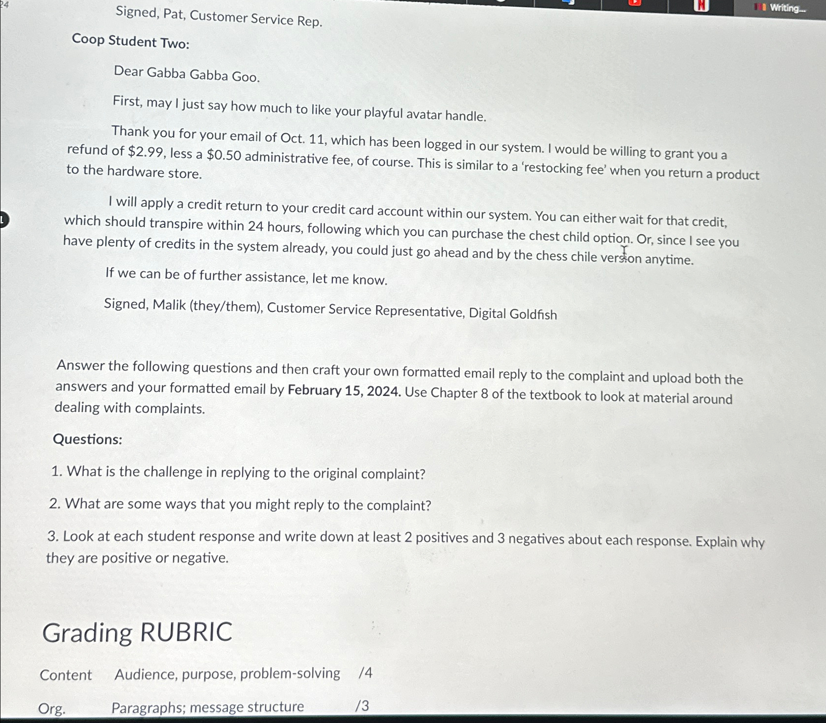 Writing Task 2: Writing positive and respectful | Chegg.com