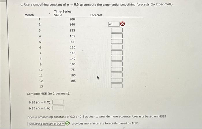Solved c. Use a smoothing constant of a = 0.5 to compute the | Chegg.com