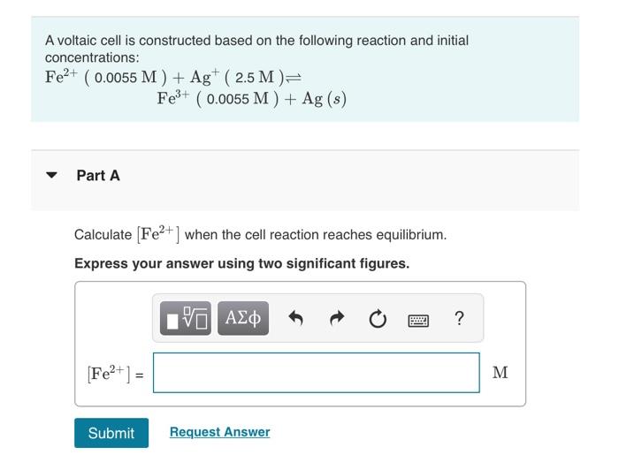 Solved A voltaic cell is constructed based on the following | Chegg.com