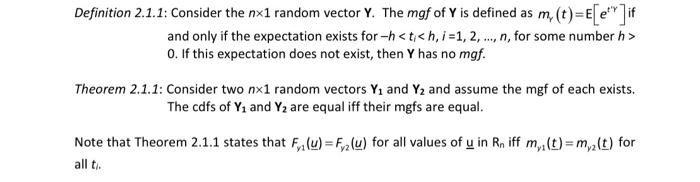 Definition 2.1.1: Consider the n×1 random vector Y. | Chegg.com