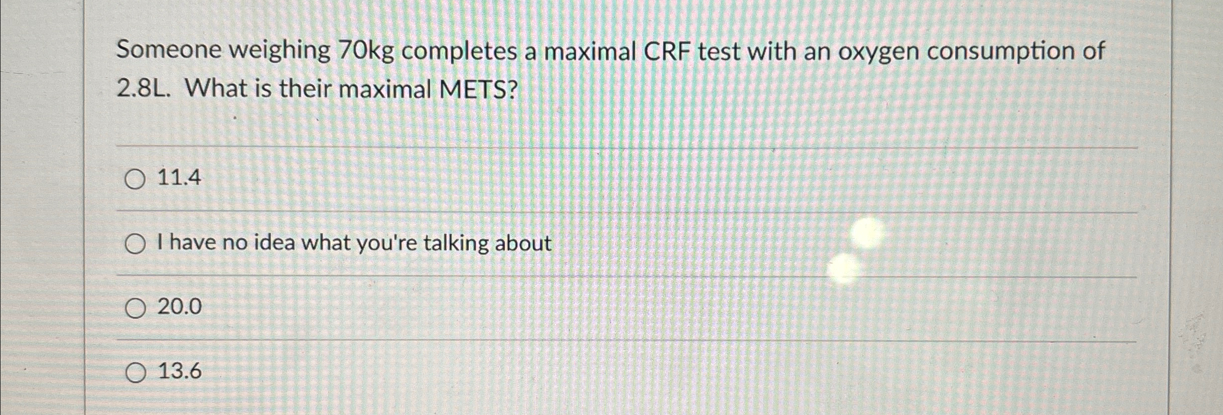 Solved Someone weighing 70kg ﻿completes a maximal CRF test | Chegg.com