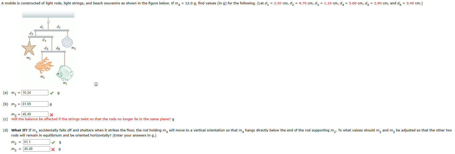 Solved A mobile is constructed of light rods, light strings, | Chegg.com